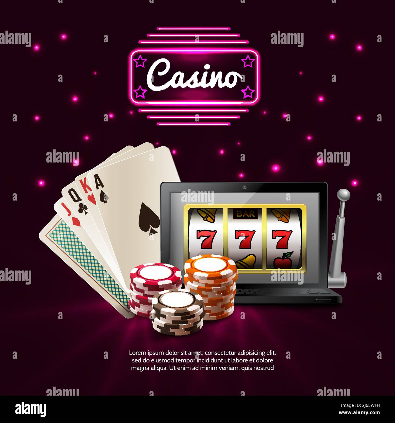 Dark casino realistic composition with glowing signboard and isolated ...