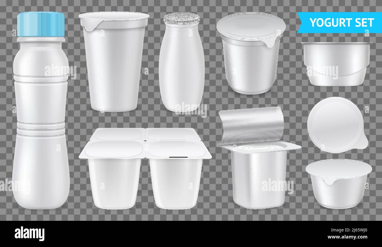 Isolated realistic yogurt transparent icon set white package of ...