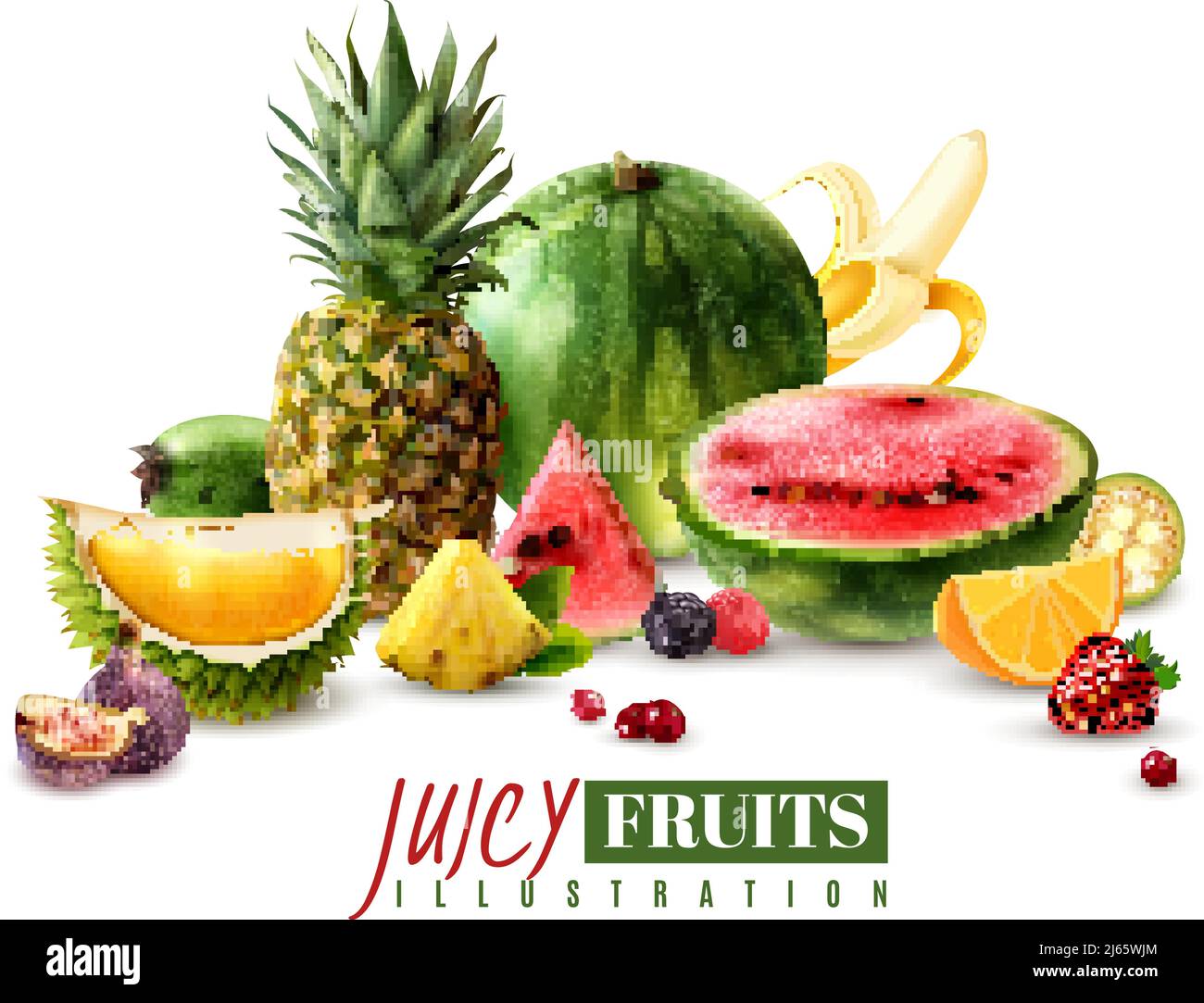 Fresh juicy fruits whole and serving pieces wedges slices realistic ...