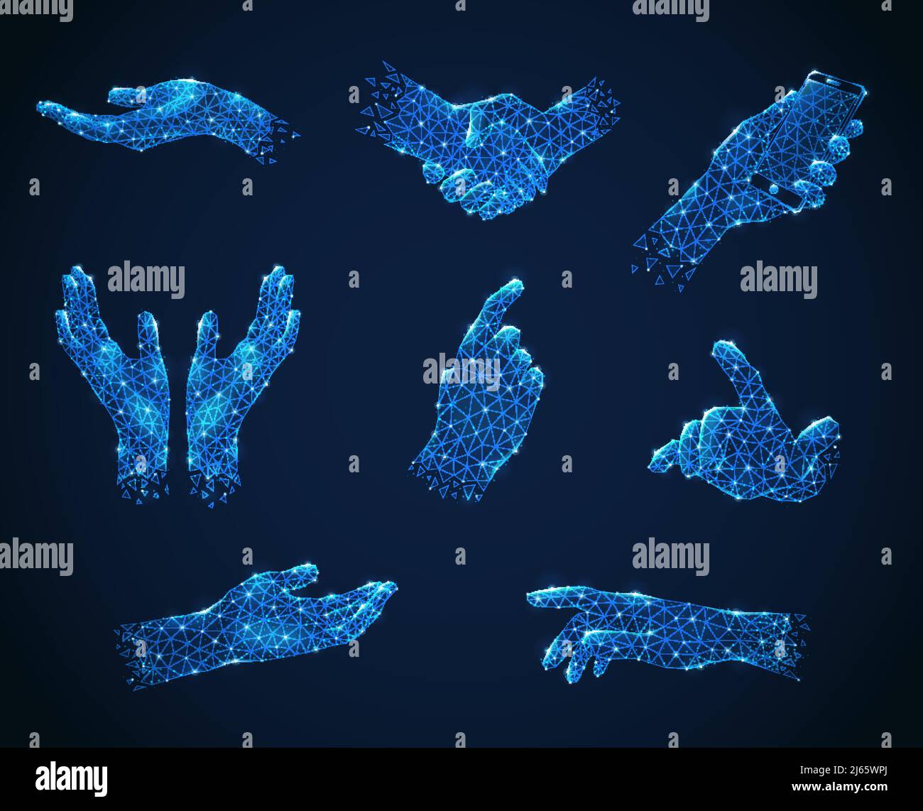 Set of hand gestures in blue polygonal wireframe style luminescent on ...