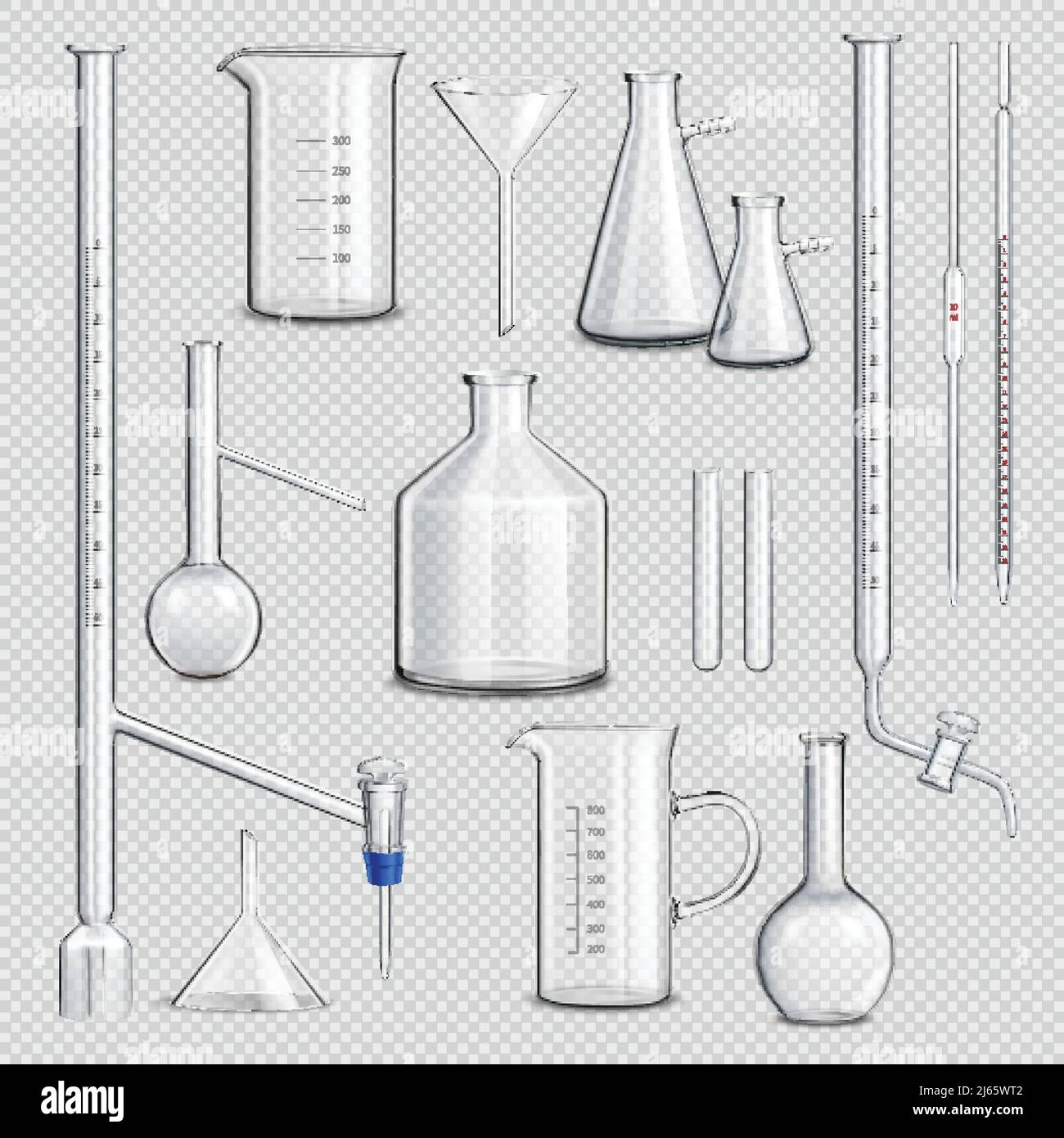 Laboratory glassware transparent set with science symbols realistic ...