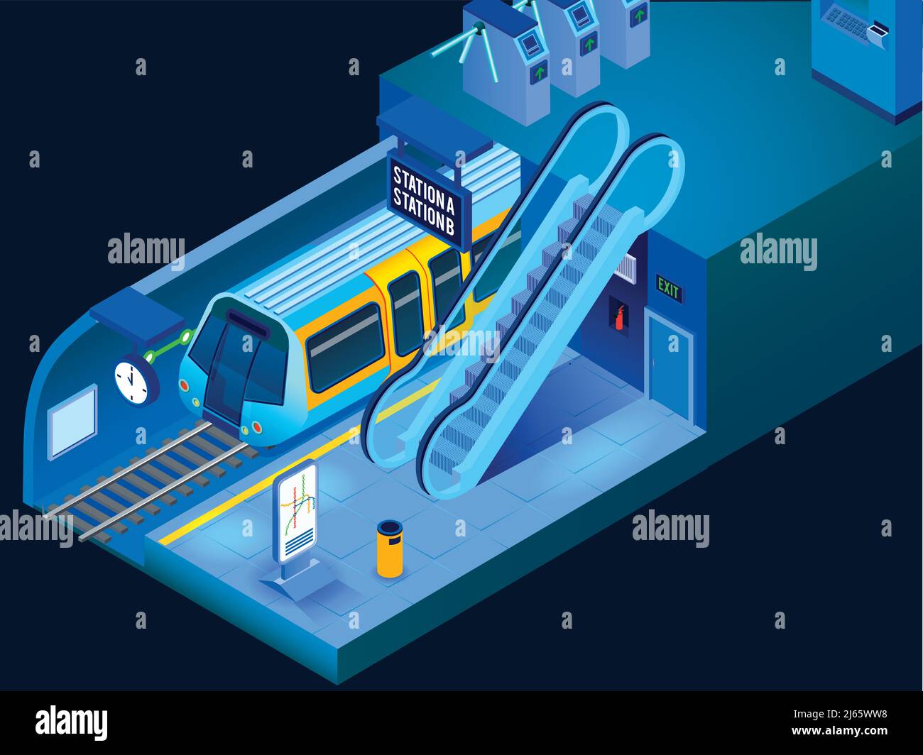 Empty underground metro station and arriving train horizontal isometric ...
