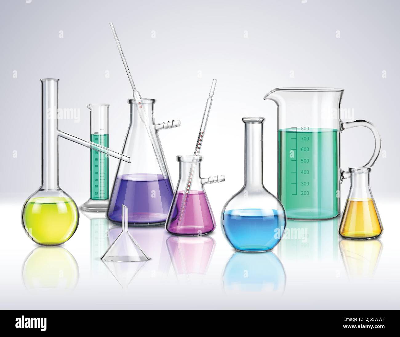 Laboratory glassware composition with liquids and experiment symbols ...