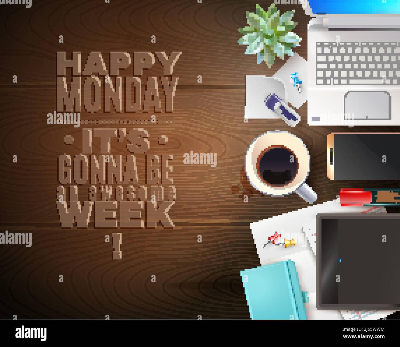 Office objects composition with top view of wooden table with paperwork ...