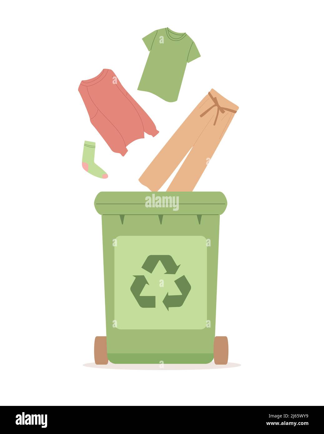 Clothing recycling. Sweater, t-shirt, pants, socks are thrown into ...