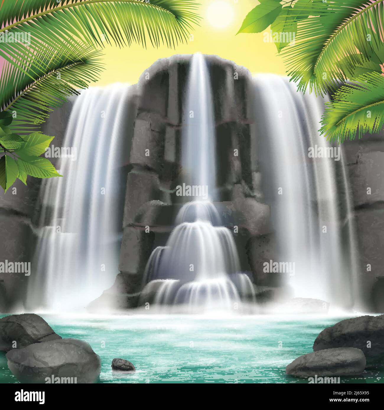 Realistic waterfall background with water rocks sky and trees vector ...