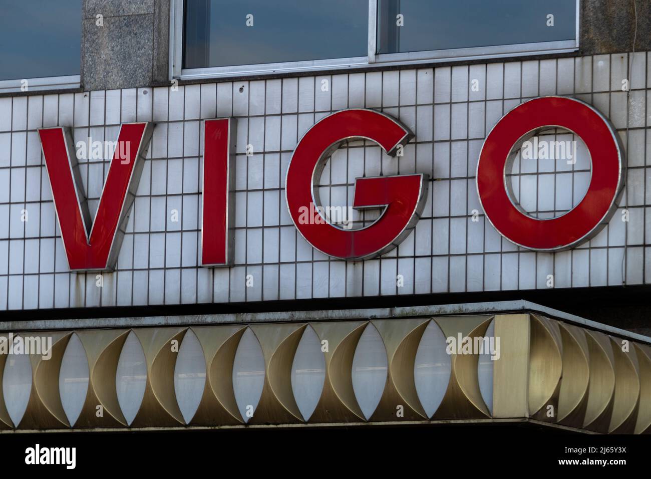 Vigo, Spain - Apr 24, 2020: Old style logo with name "Vigo" on a ...