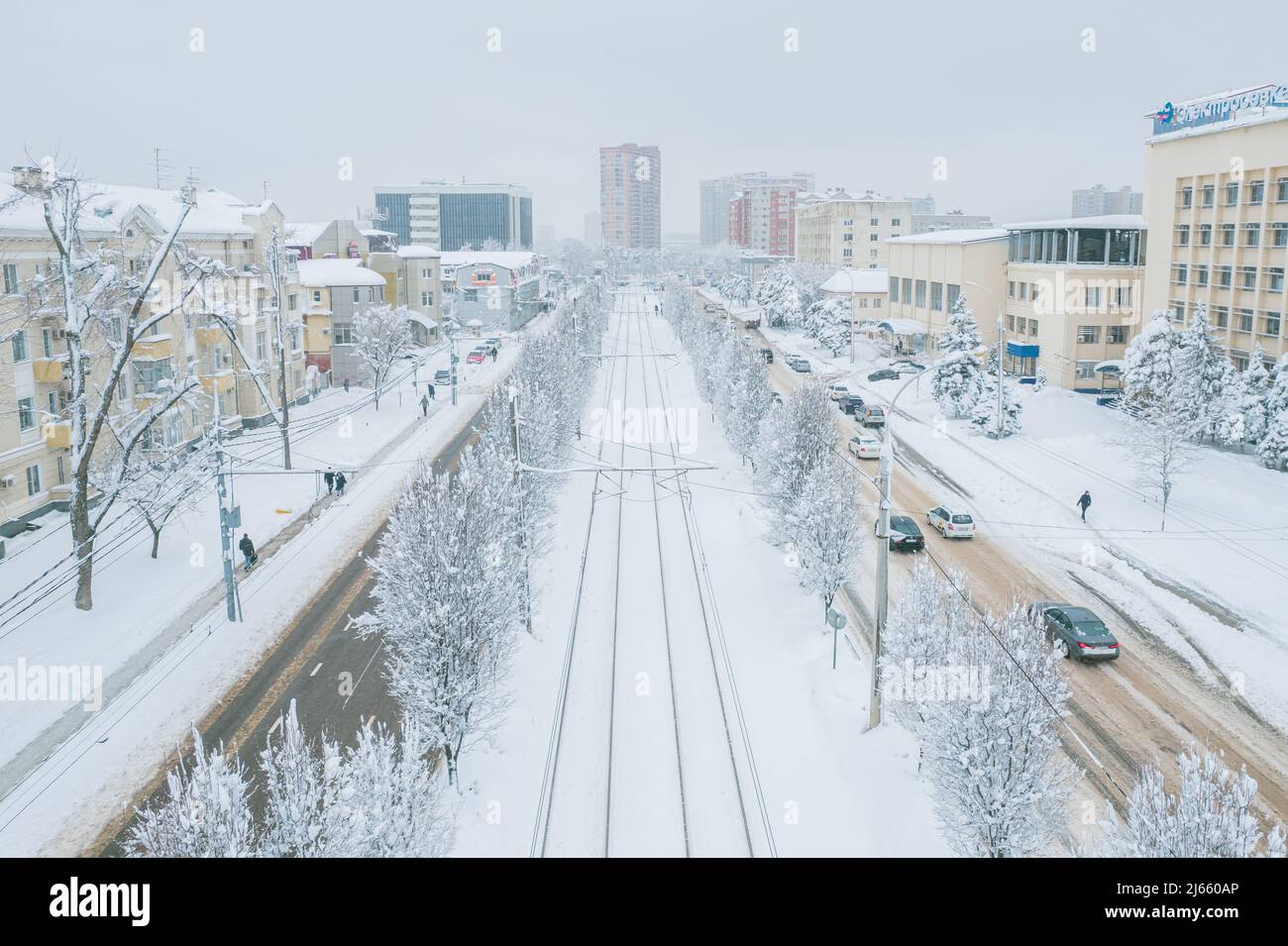 Birds eye view of snowy Krasnodar city, winter landscapes in city Stock ...