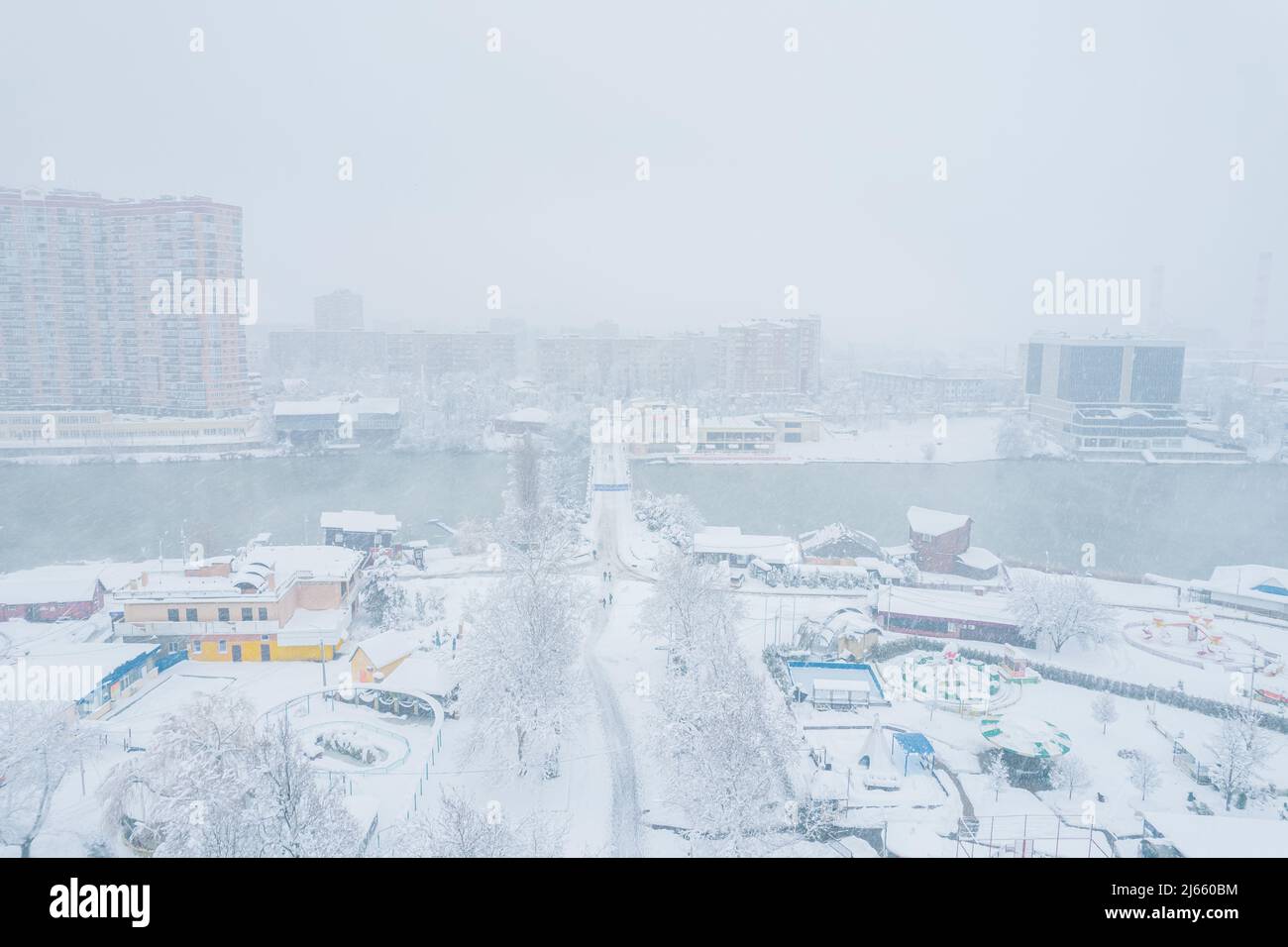 Birds eye view of snowy Krasnodar city, winter landscapes in city Stock ...