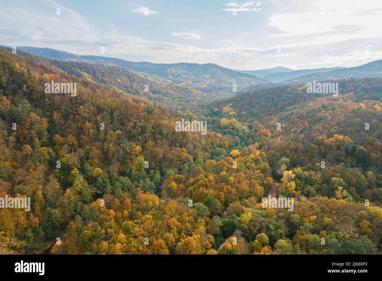 Colorful autumn aerial view of the Caucasus mountains. Great view of ...