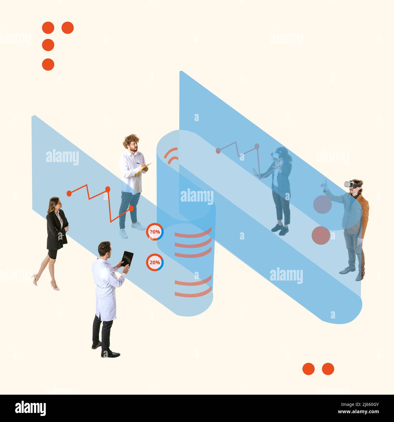 Contemporary art collage. Business people, analysts working with graphs ...