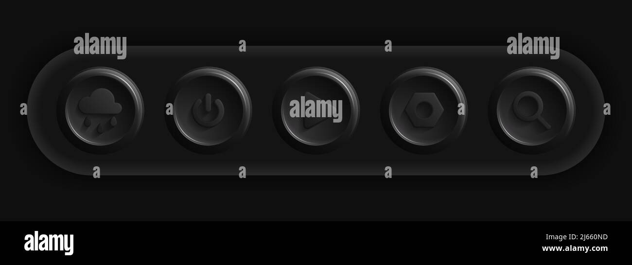 Dark UI App Icons. Set of Weather, Power, Play, Settings, Search Black ...