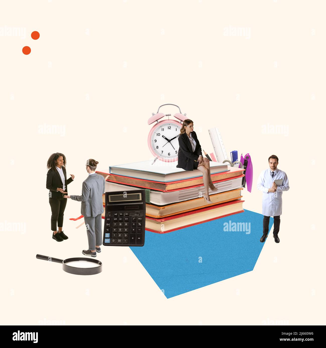 Contemporary art collage. Emplyees, students working together, having ...