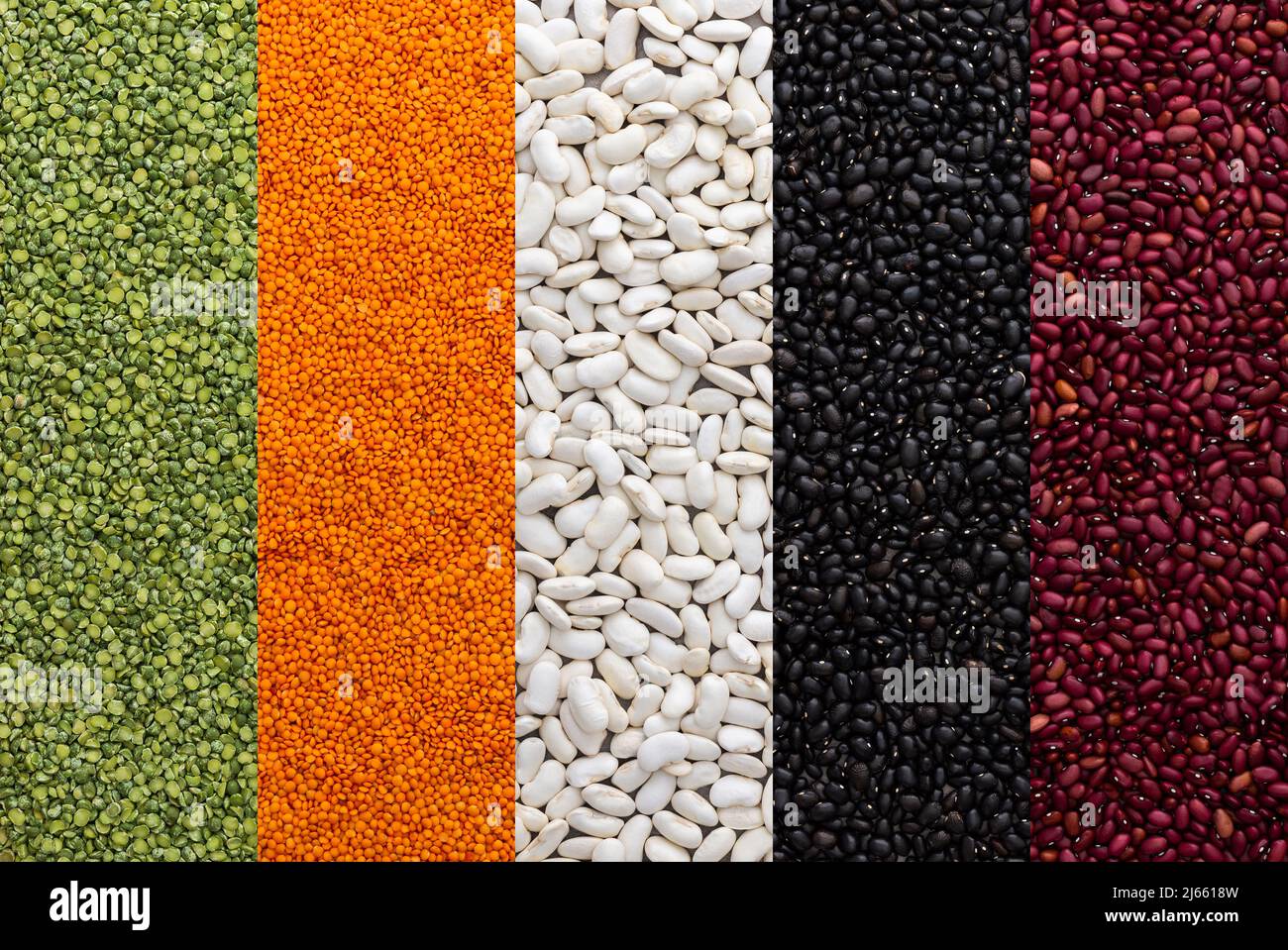 Different types of legumes, lentils and green peas, red, white and ...