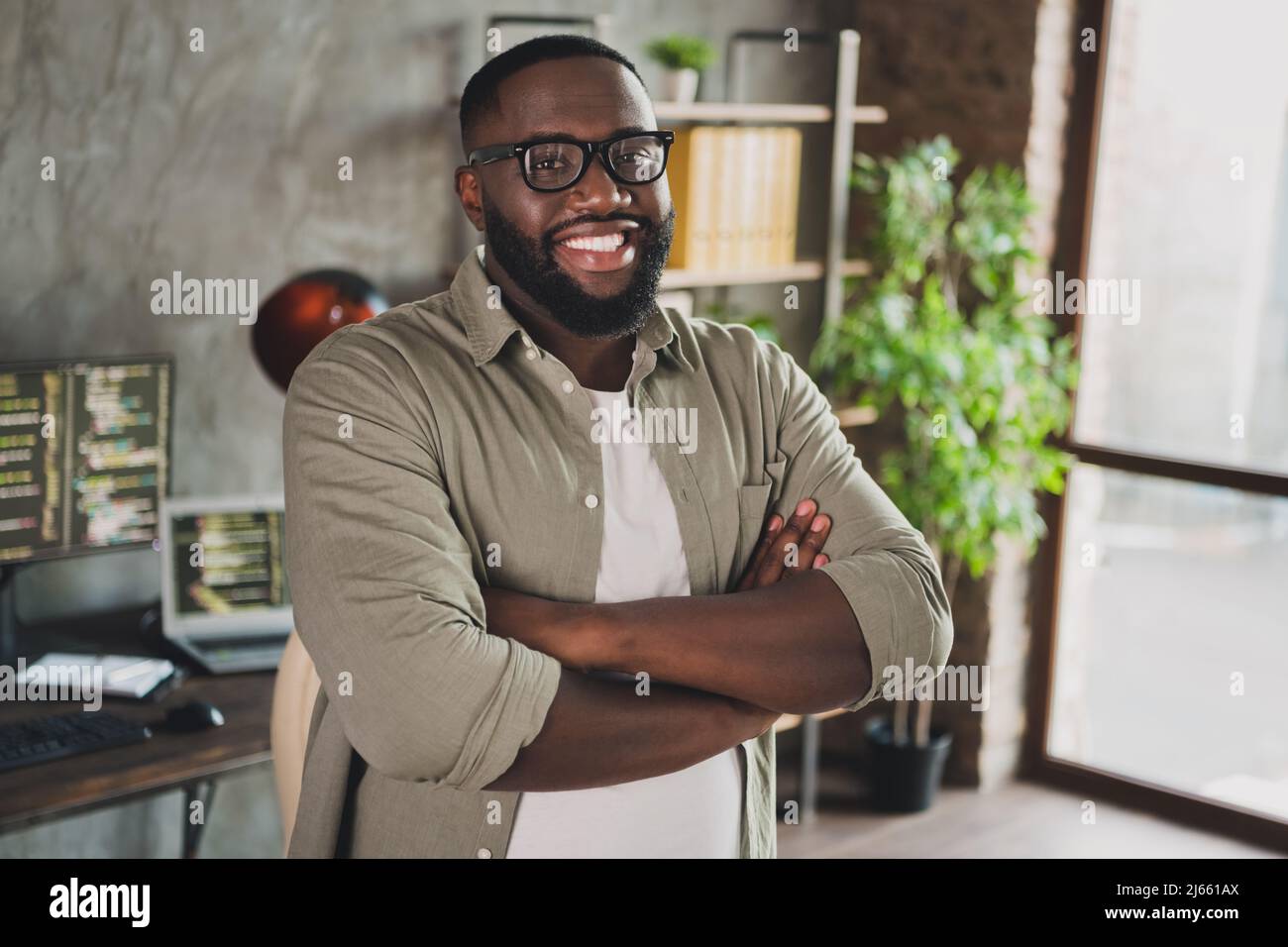 Photo of successful designer guy cross hands ready modify testing ...