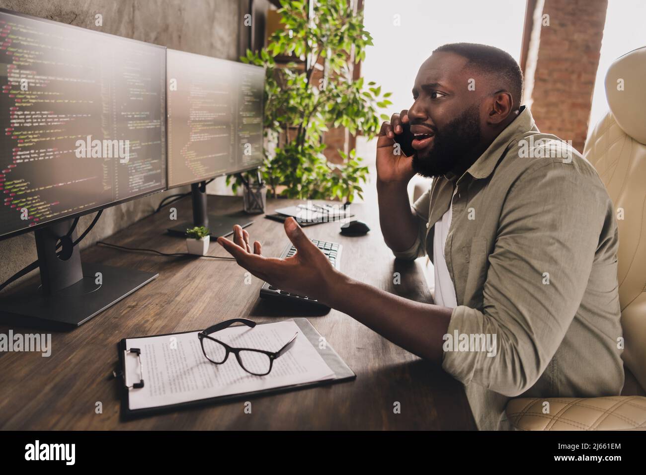 Profile side view portrait of attractive worried guy top manager ...