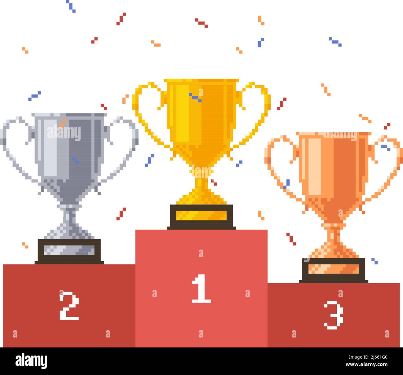 Pixel podium with trophy cups and medals. Vector illustration Stock ...
