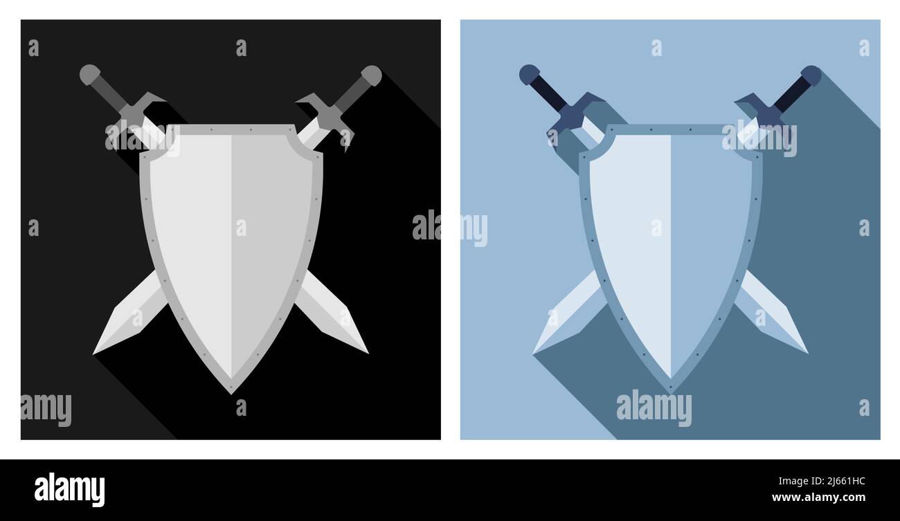 Pair of crossed swords against background of knight shield. Emblem of ...