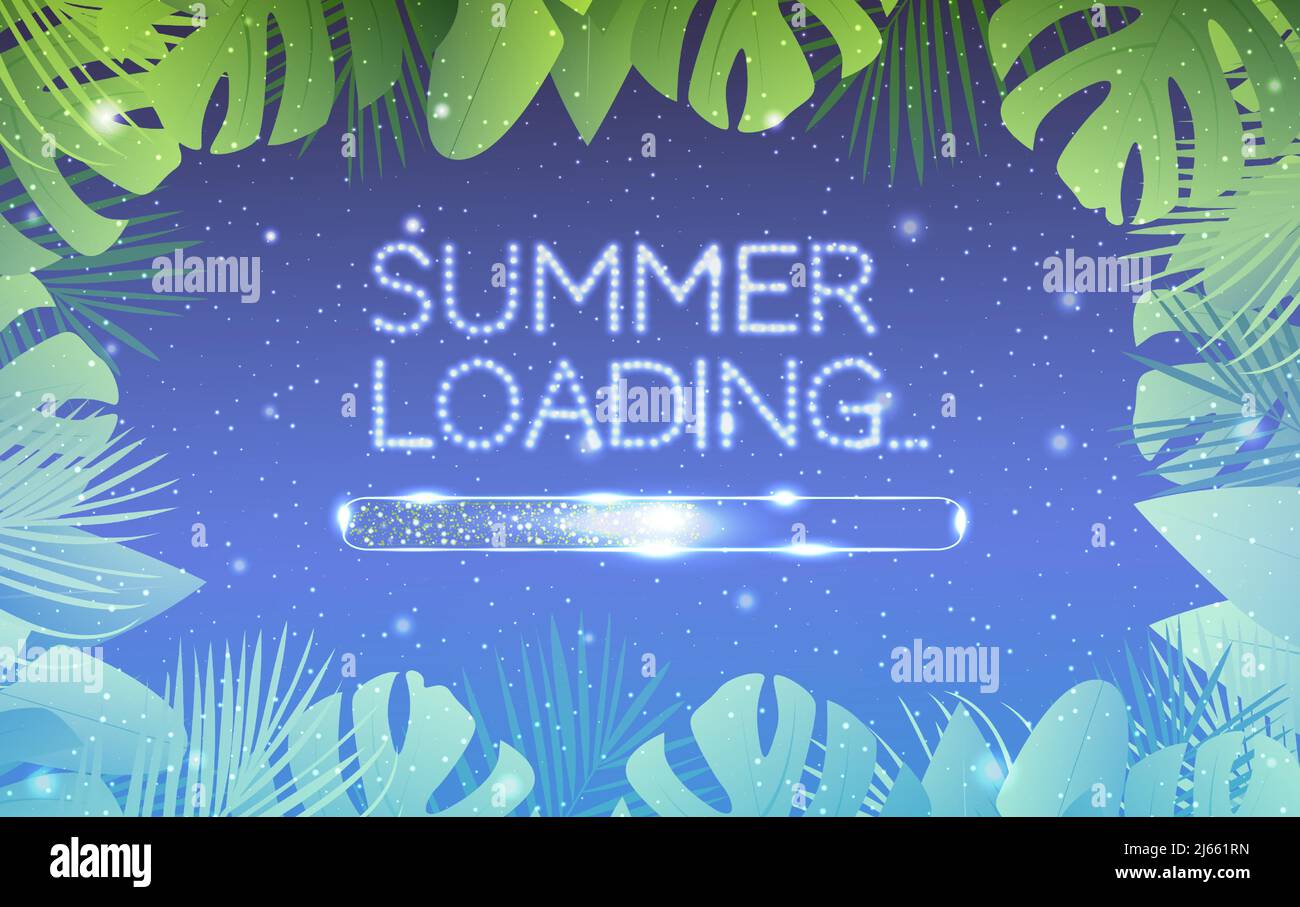 Summer loading. Banner with loading bar, tropical leaf's frame with ...