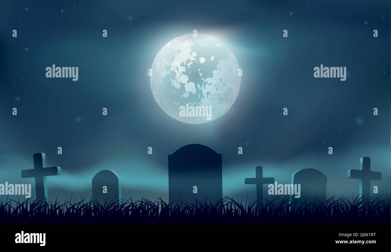 Graveyard at night. Fog. Sinister. Memorial park or crypts graveyard ...