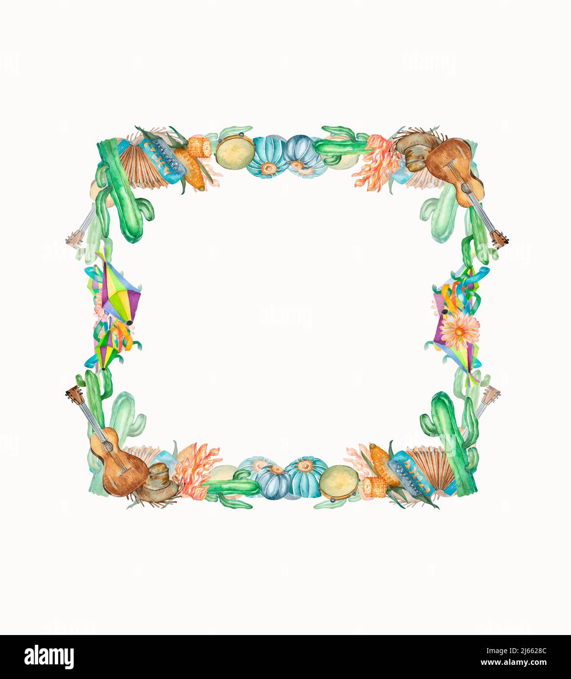 Brazilian June festival frame, card with accordion, guitar, straw hat ...