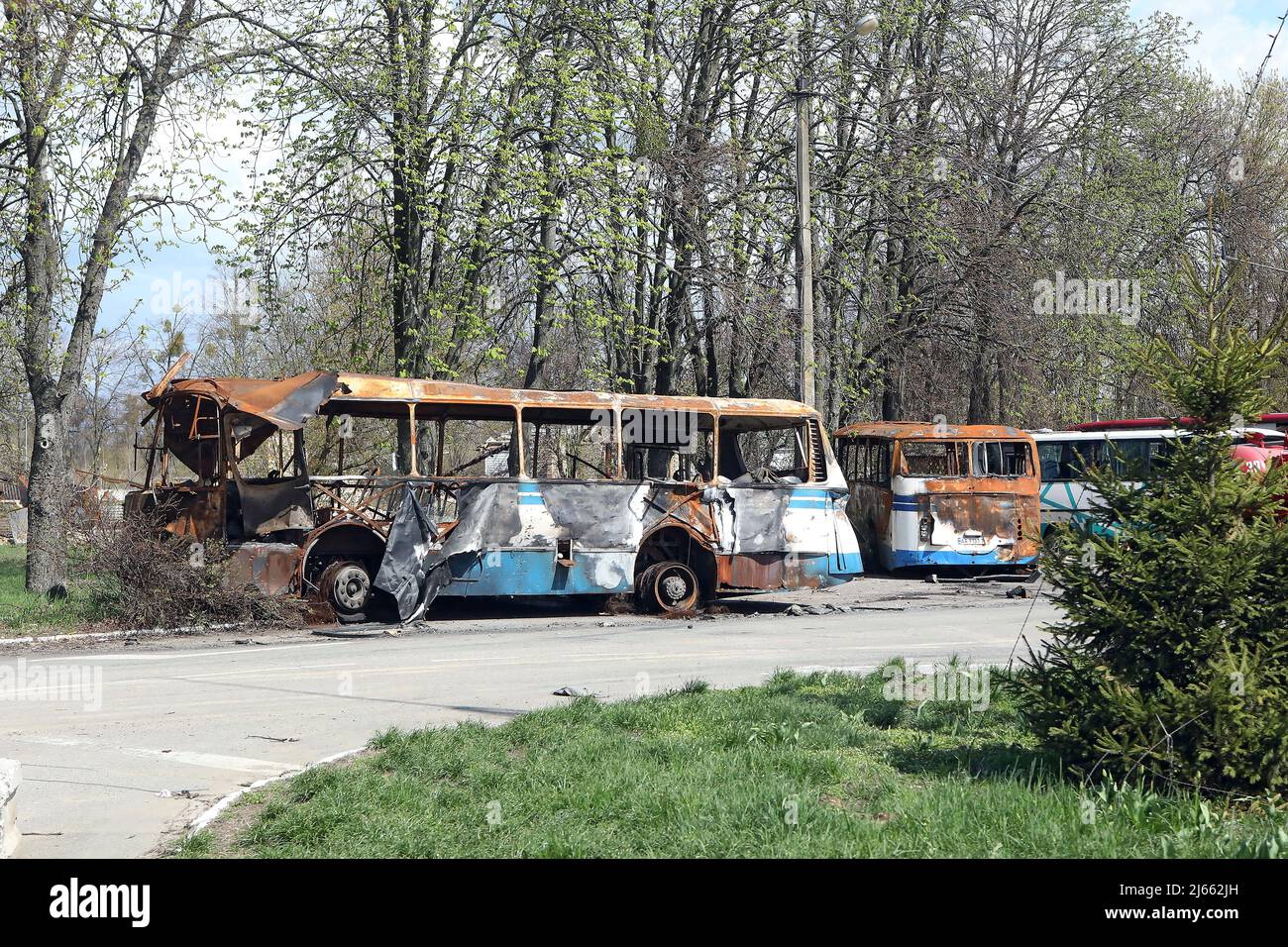 KYIV REGION, UKRAINE - APRIL 27, 2022 - Destroyed buses are pictured on ...