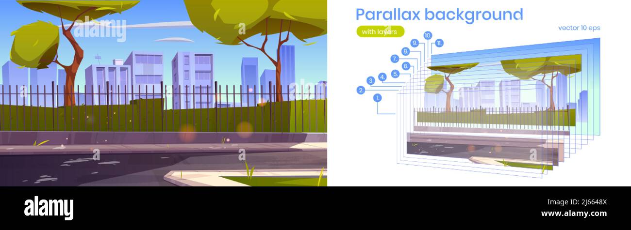 City street with garden and buildings behind fence. Vector parallax ...