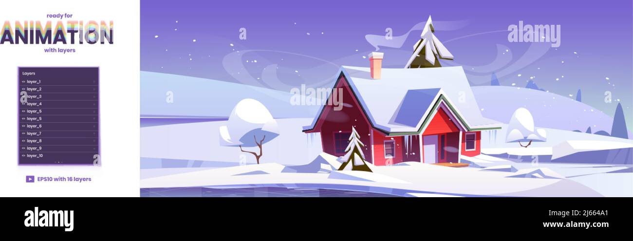 Winter landscape with house, snow fields and frozen lake. Vector ...