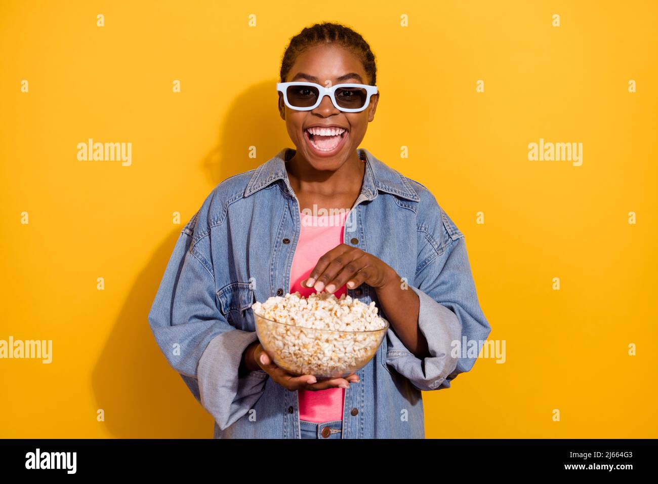 Portrait of funky crazy person have fun good mood popcorn plate ...