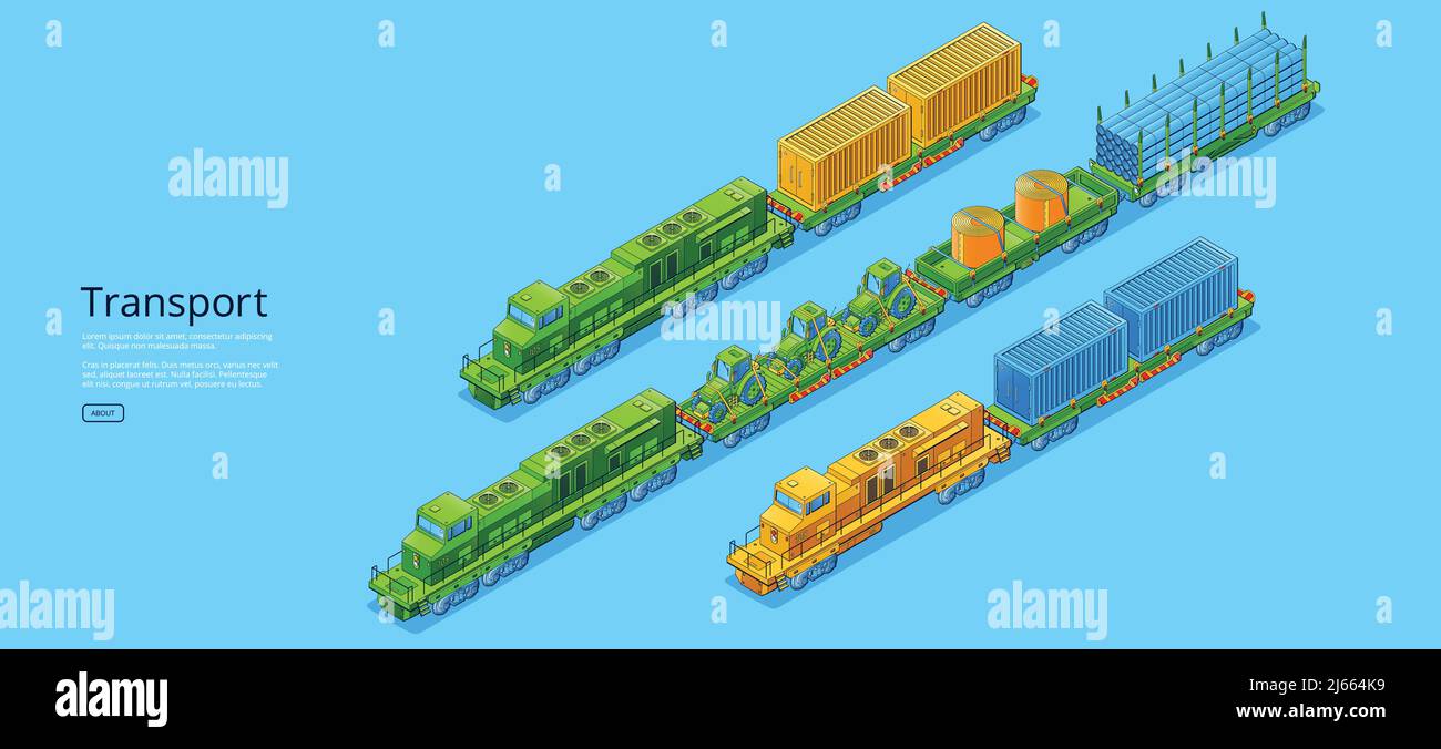Transport isometric web banner, cargo trains with containers in depot ...