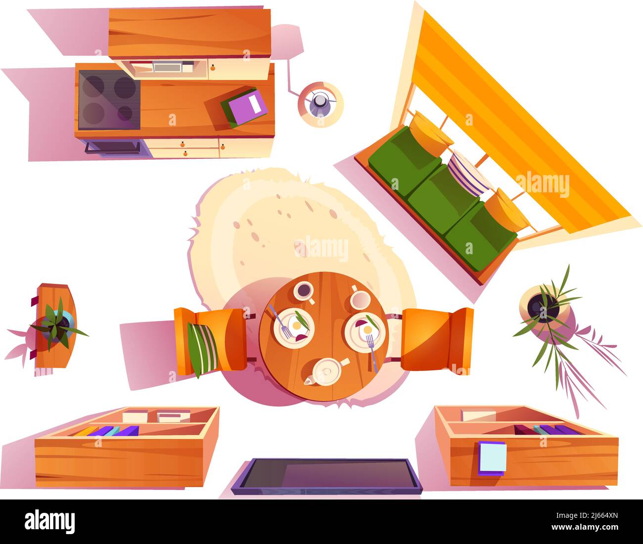 Set of living or dining room with kitchen furniture and stuff top view ...