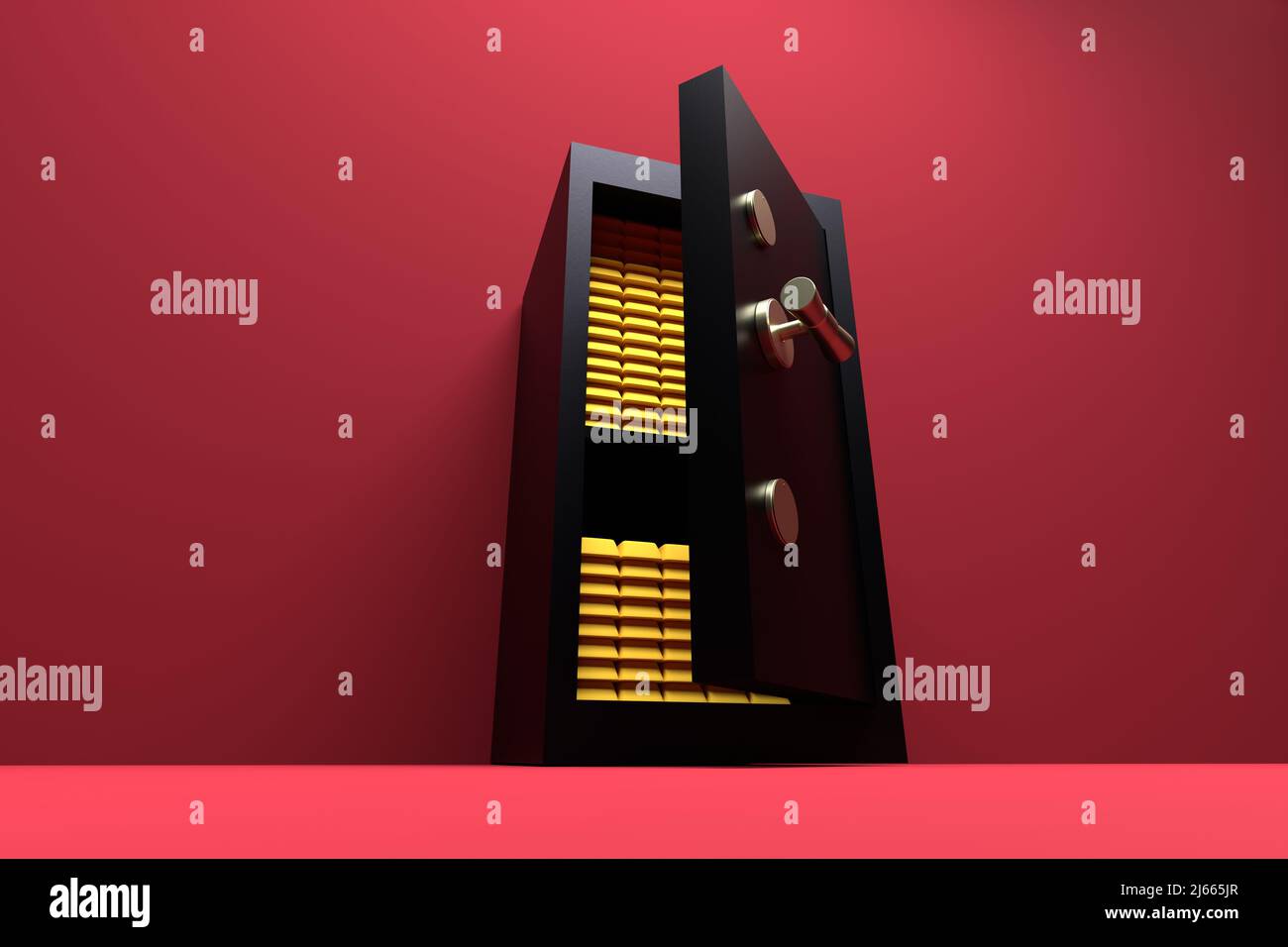 Steel safe open with gold bars inside on a red background. Safety of ...