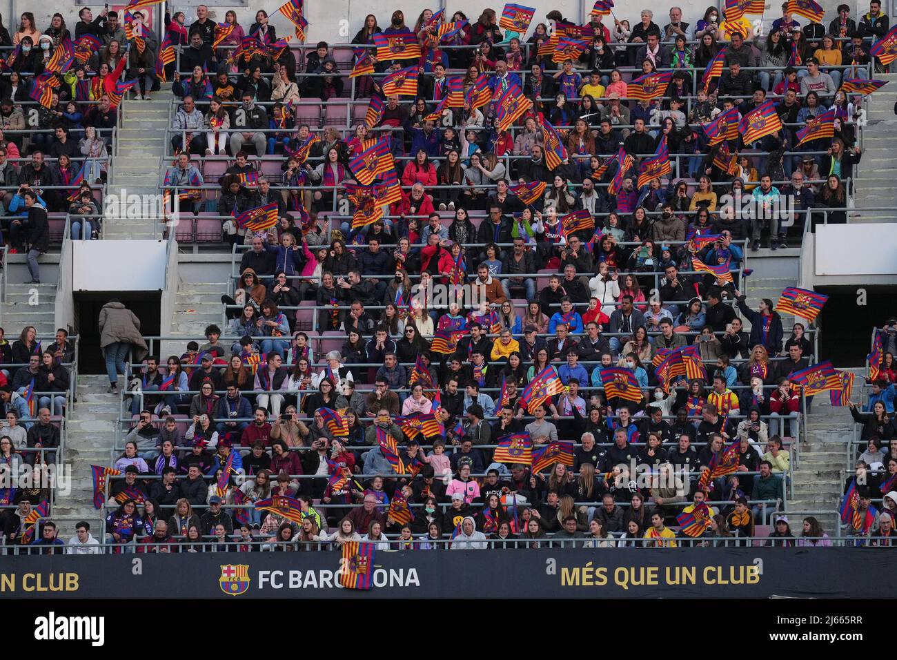 FC Barcelona fans with flags on the stands during the UEFA Womens ...