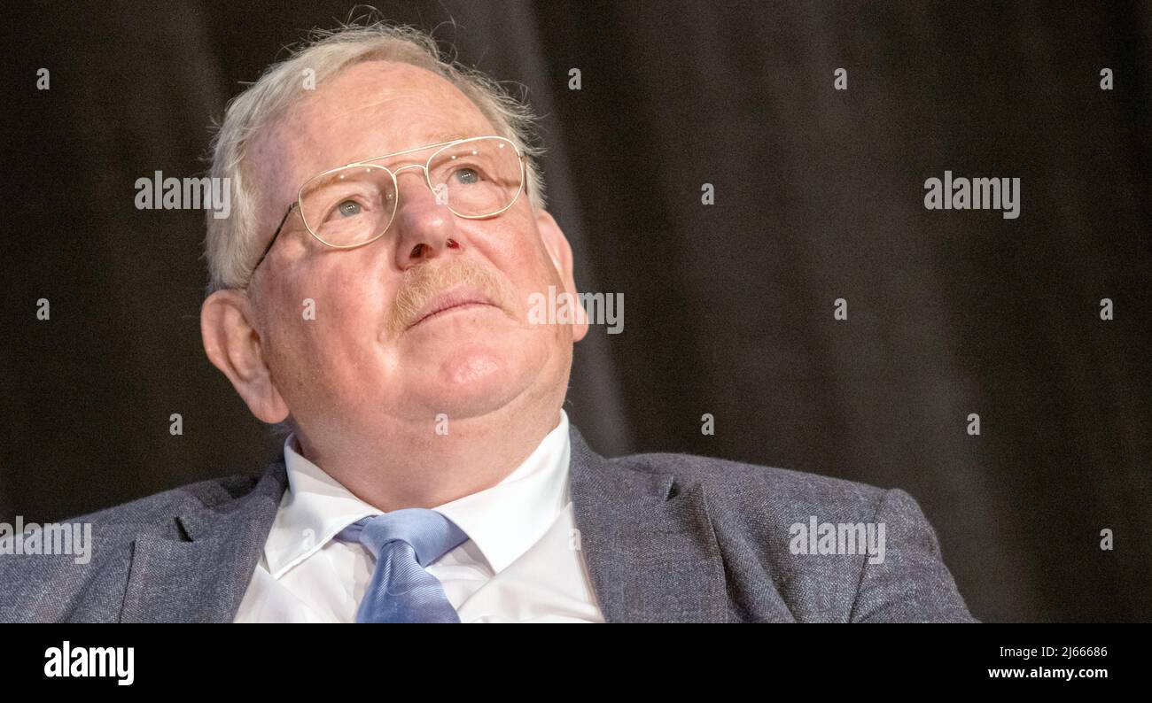Laupheim, Germany. 28th Apr, 2022. Reinhard Genzel looks up at a panel ...