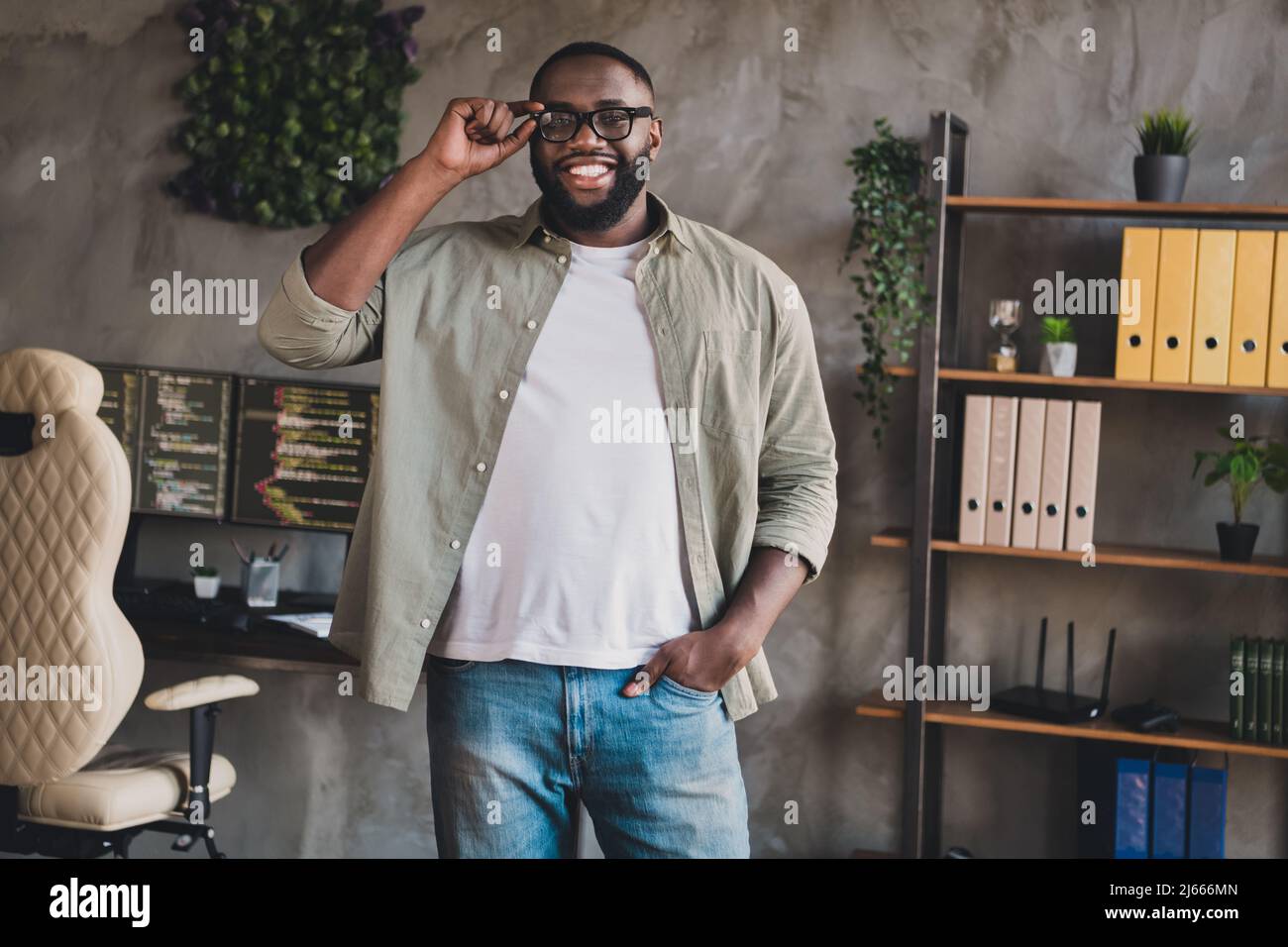 Portrait of attractive cheerful smart clever skilled guy company expert ...