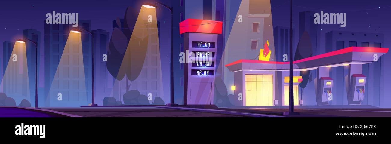 Gas station with oil pump on city street at night. Vector cartoon ...