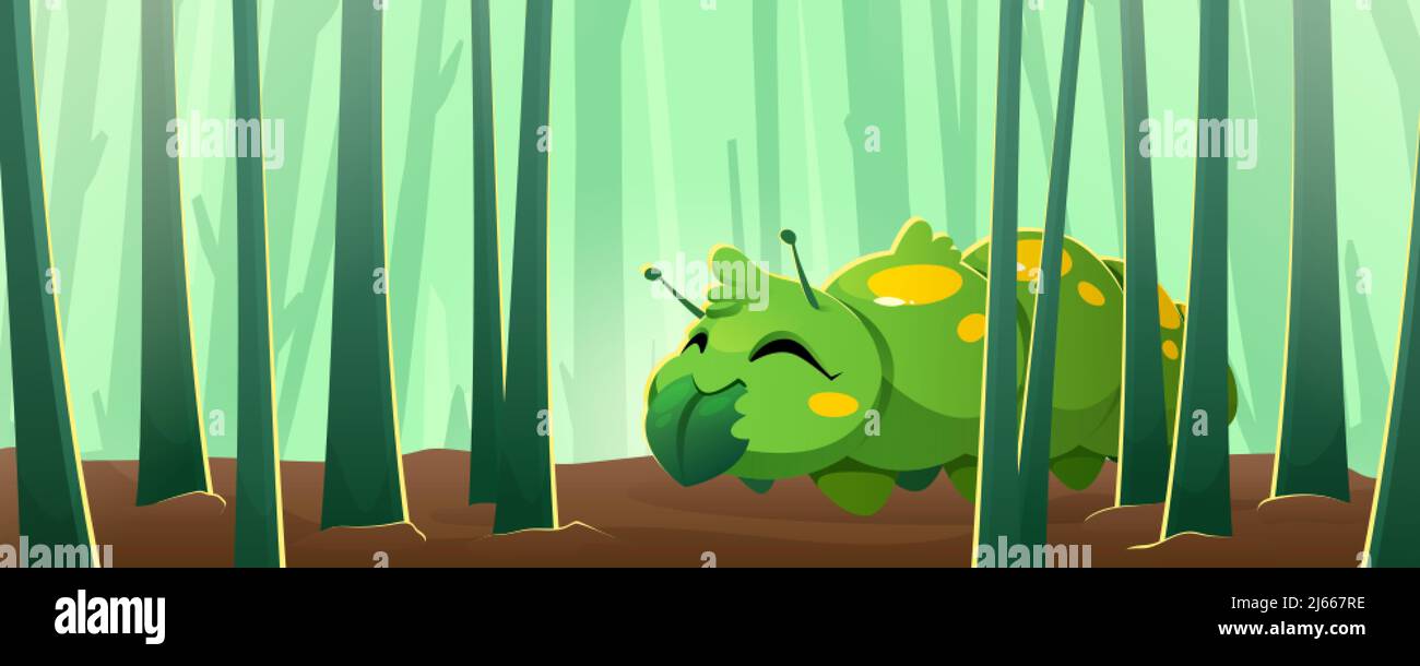 Cute caterpillar eat plant leaf. Vector cartoon illustration of funny ...