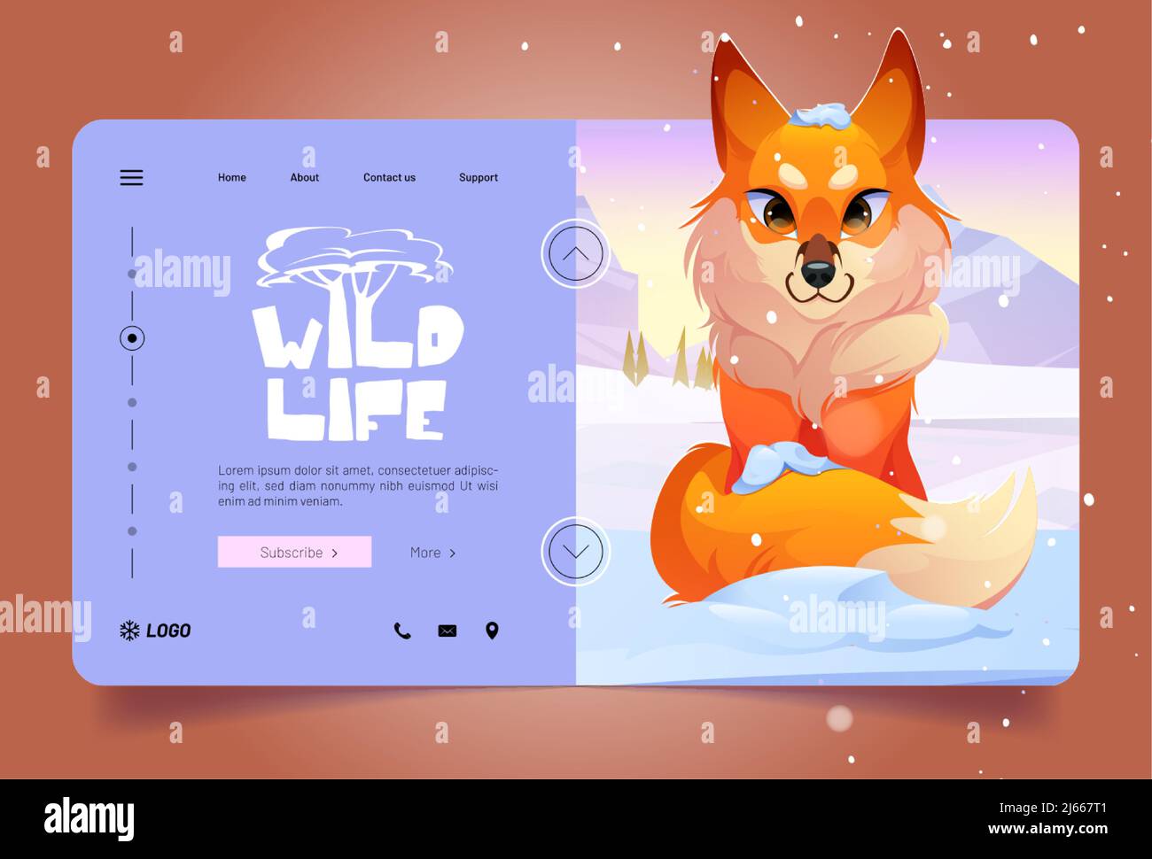 Wildlife banner with cute red fox on white snow in winter. Vector ...