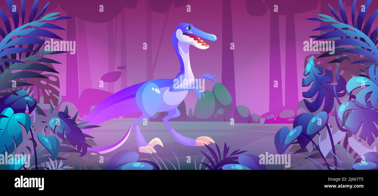 Cute baby velociraptor in jungle at night. Dinosaur character in ...