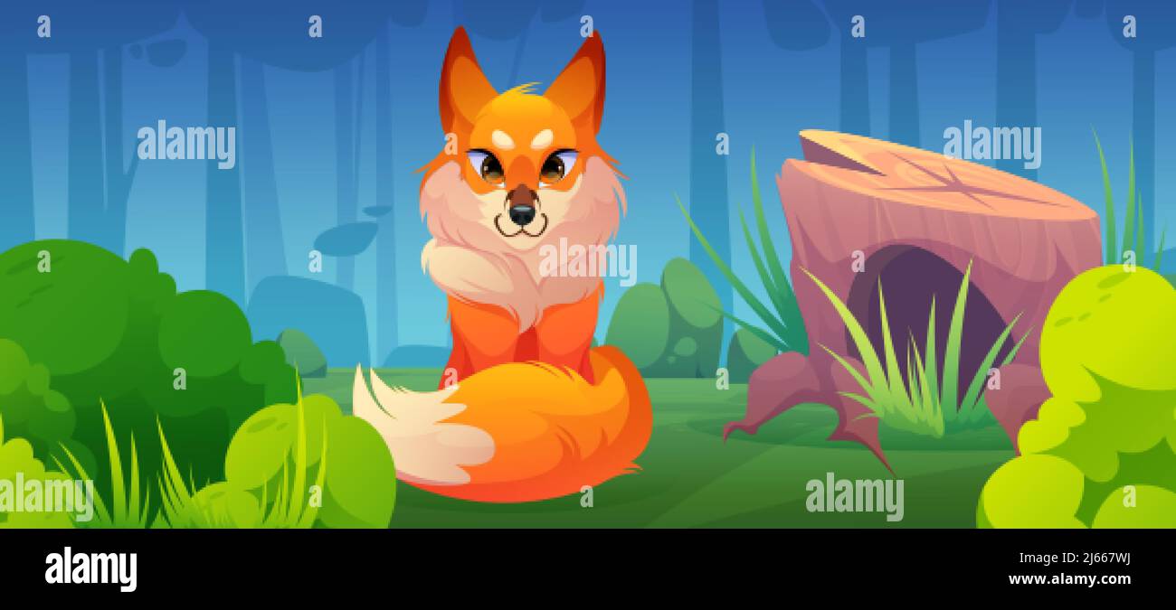 Cute fox and stump with hollow on glade in forest. Wild animal on ...