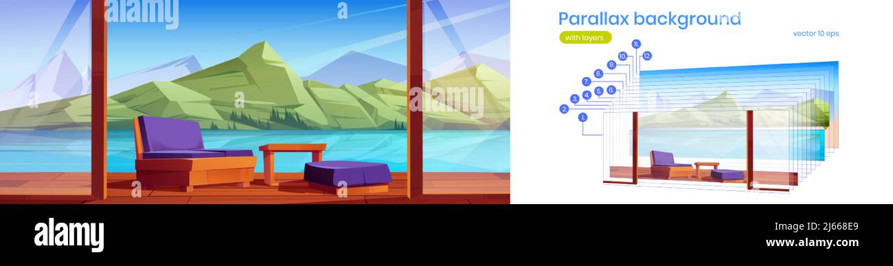 Wooden house terrace with furniture on lake shore. Vector parallax ...