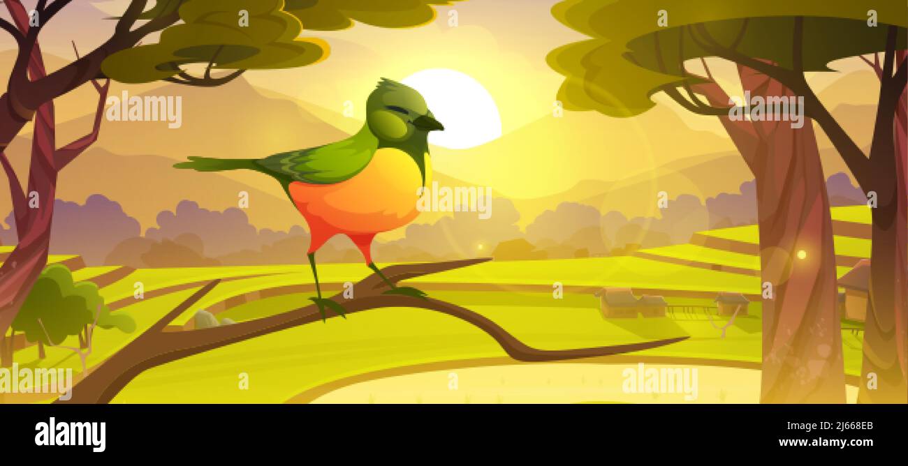 Cartoon bird sitting on tree branch, cute colorful birdie with green ...