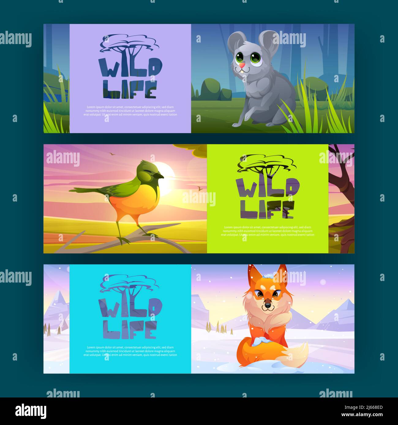 Wildlife posters with cute fox, bird, and mouse. Vector banners with ...