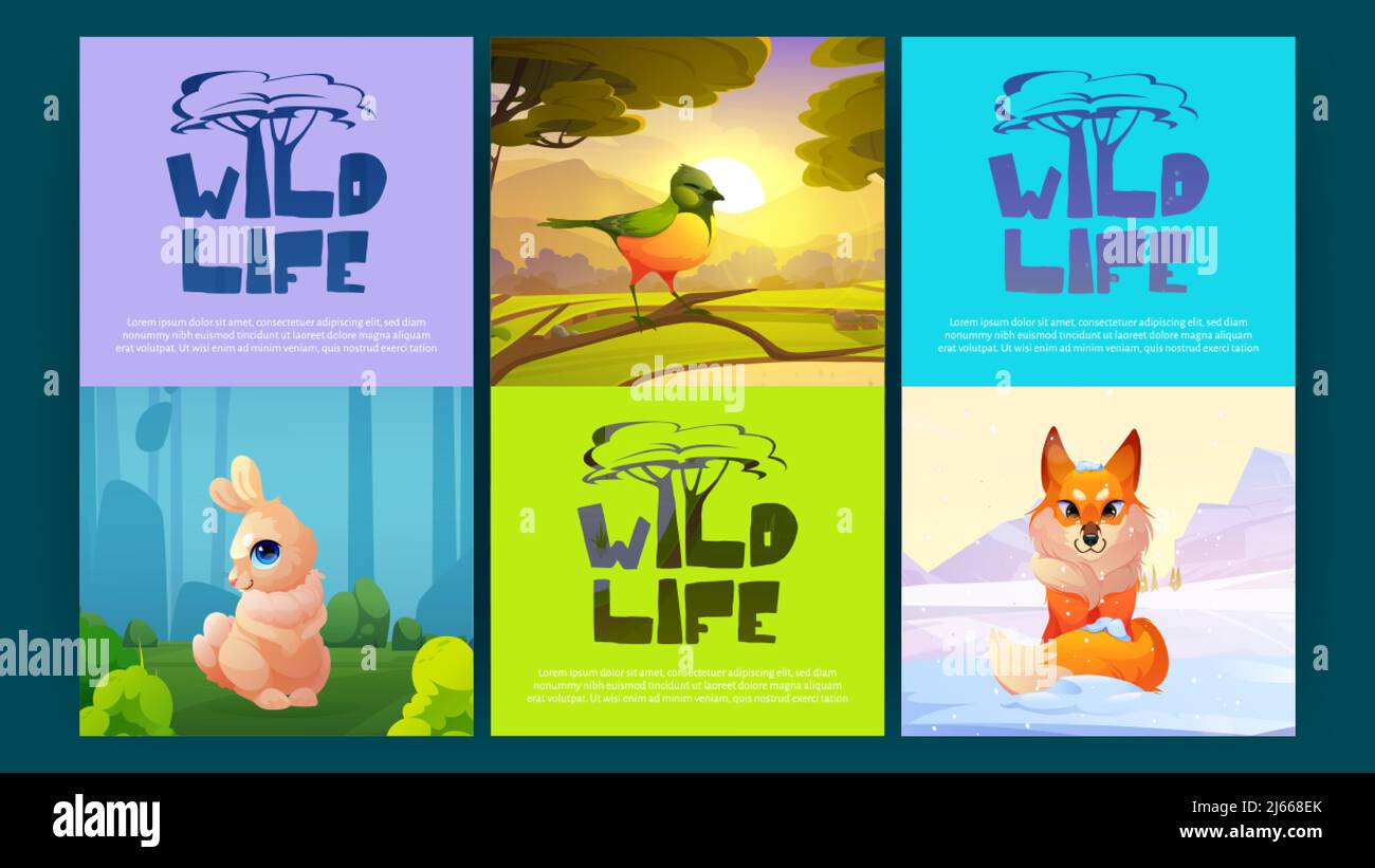 Wild life cartoon banners with forest animals and bird on scenery ...