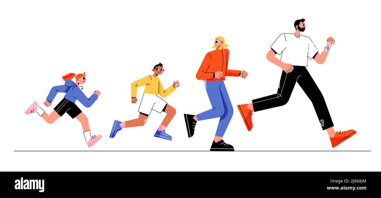 Family run marathon, parents and children jogging, sports exercising or ...