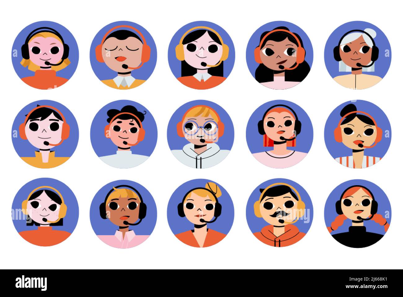 Call center operators avatar or round icons, client support help line ...