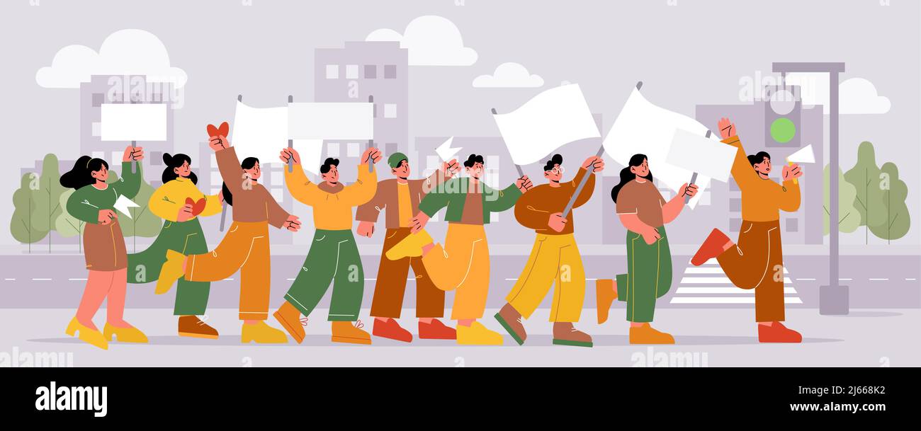 People with placards and banners protest on rally demonstration ...