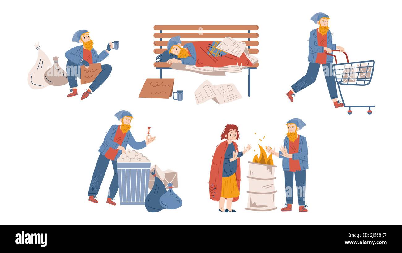 Homeless people, beggars male and female characters begging money, bums ...