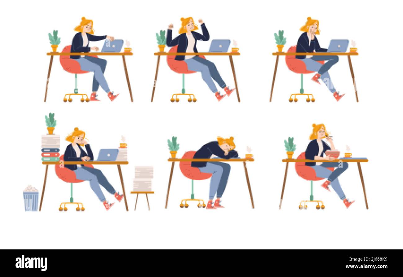 Woman work eat at desk Stock Vector Images - Alamy