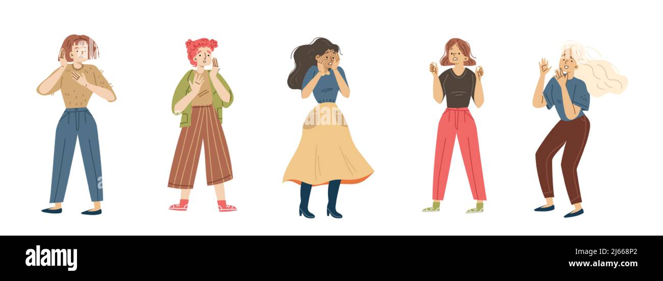 Startled woman scream, female character with frightened face yell ...